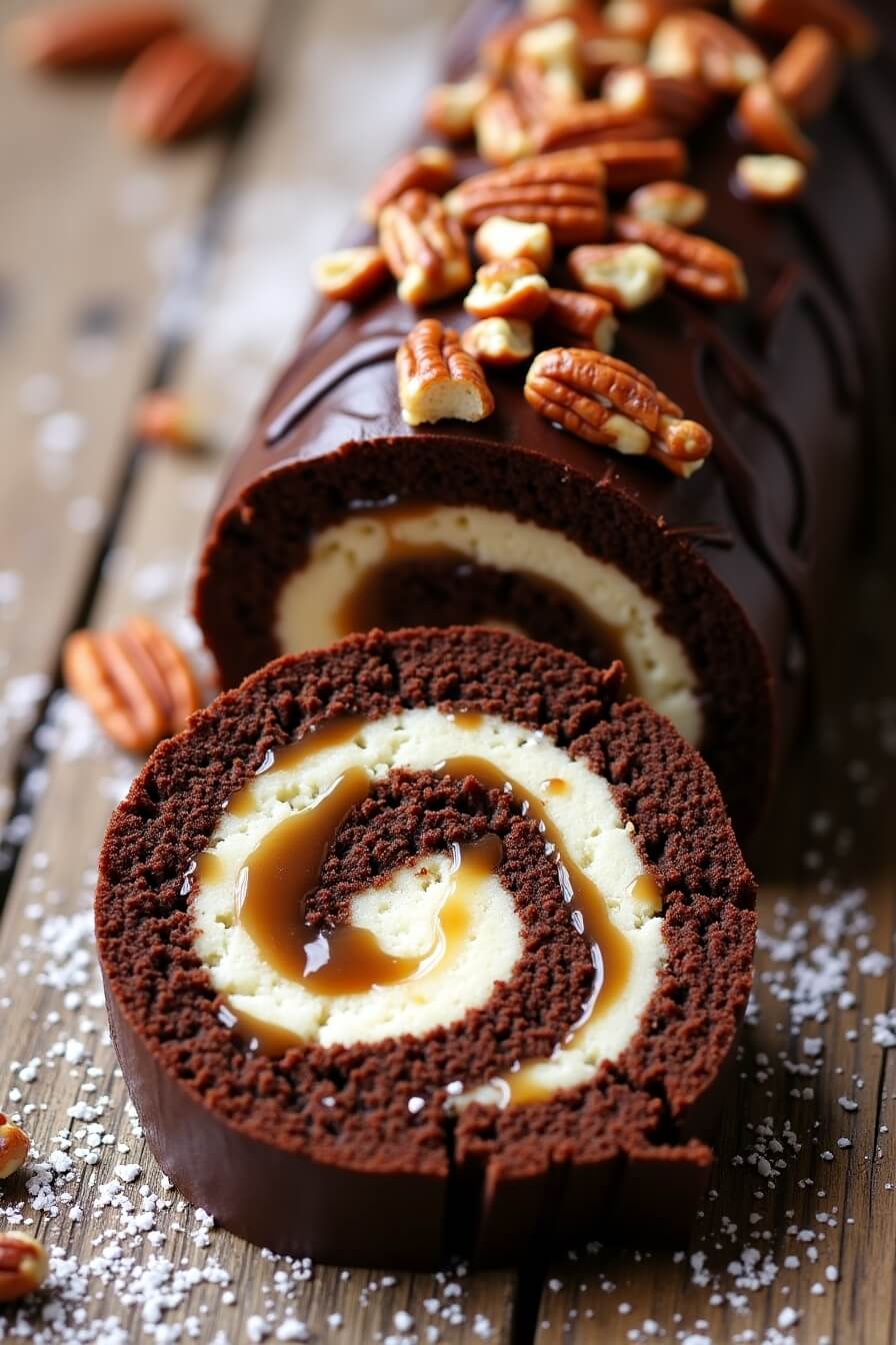 Gooey Chocolate Caramel Turtle Cake Roll Recipe – The Tasty Flavors