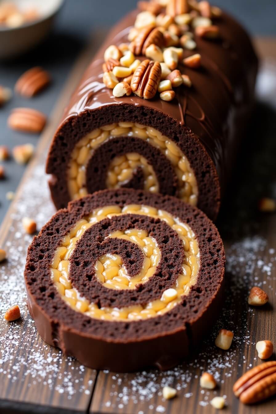 Gooey Chocolate Caramel Turtle Cake Roll Recipe – The Tasty Flavors